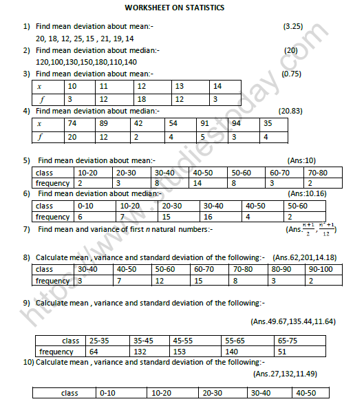 CBSE Class 11 Mathematics Statistics Worksheet Set A CBSE Class 11 Mathematics Statistics Worksheet Set A